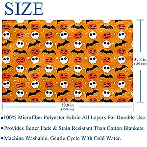 Halloween Skull Pumpkin Bat Pattern Prints Soft Warm Cozy Blanket Throw for Bed Couch Sofa Picnic Camping Beach, 150×100cm