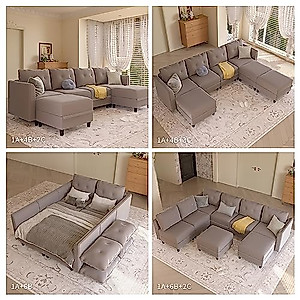 LLappuil Velvet Modular Sectional Sofa with Reversible Chaises, 7 Seater U Shape Sectional with Storage, Waterproof, Anti-Scratch and Antistatic Modular Couch for Living Room, Brown