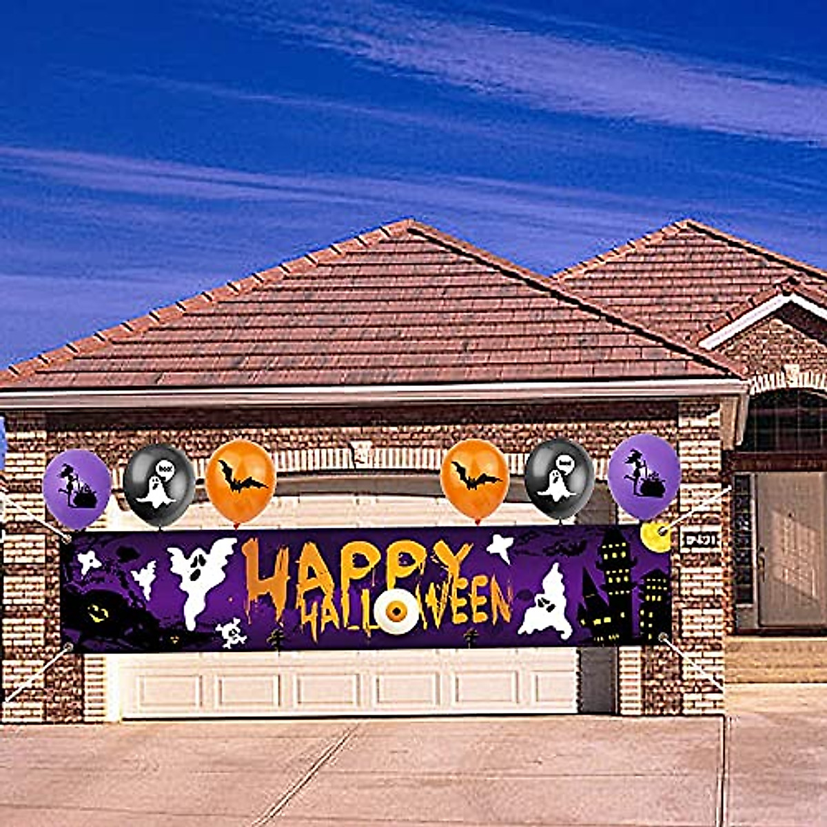 Extra Large Happy Halloween Banner Halloween Party Sign Banner Decorations Halloween Party Balloons Halloween Ghost Yard Sign Decoration Backdrop Photography Backdrop for Halloween Party(118” x 24”)