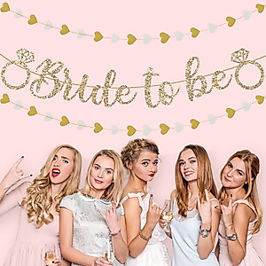 Pre-Strung Bride to Be Banner,Gold Glitter Banner Sign with 2PCS Heart Streamers Garland for Bachelorette Party Decorations, Bridal Shower Wedding Engagement Hen Party Decorations Supplies