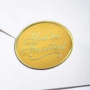 PaperDirect Gold You're Invited Round Embossed Foil Seals, 48 Count
