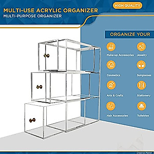 Creative Planet Acrylic Drawer Organizer Designer Collection 3 Level Storage Drawers for Cosmetics, Sunglasses, Makeup Gift for Women, Men, Girls (3-Level-L, Transparent)