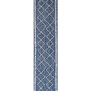 Eyely BMS129C-210 Santa Monica Derya Tribal Diamond Trellis Indoor/Outdoor Runner Rug Modern;Bohemian;Rustic, Bedroom, Kitchen, Backyard, Patio, Easy-Cleaning, Non-Shedding, 2 X 10, Blue/Ivory