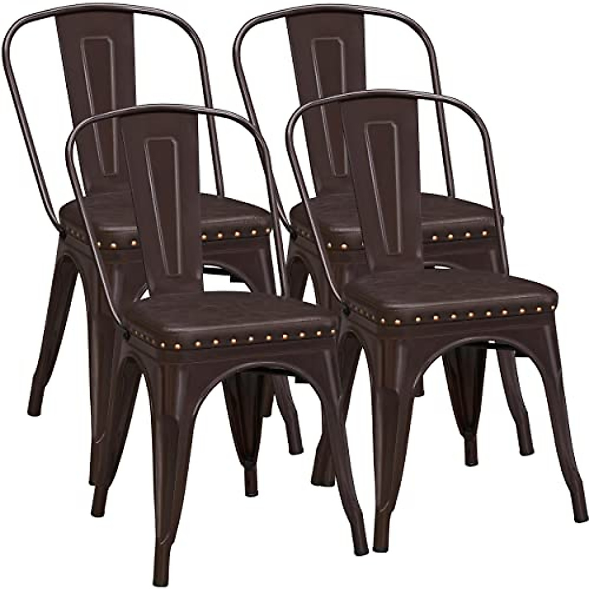 Yaheetech Metal Dining Chairs Stackable Side Industrial Set of 4 Kitchen Chairs with Soft Cushioned High Backrest 18 Inch Dark Brown