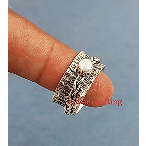 925 Sterling Silver Round Pearl Spinner Ring Handmade Silver Meditation Boho Worry Ring Valentine's Day Bridal Gift (9)
