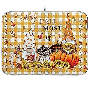 Kcldeci Autumn Fall Gnome Dish Drying Mat Kitchen Drying Pad Sunflower Pumpkin Dish Draining Mat Dish Rack Drainer Pad 16 x 18