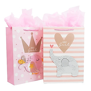LDGOOAEL 16" Large Gift Bag with Tissue Paper for Baby Shower - 2 Pack (Baby Girl, Pink Elephant)
