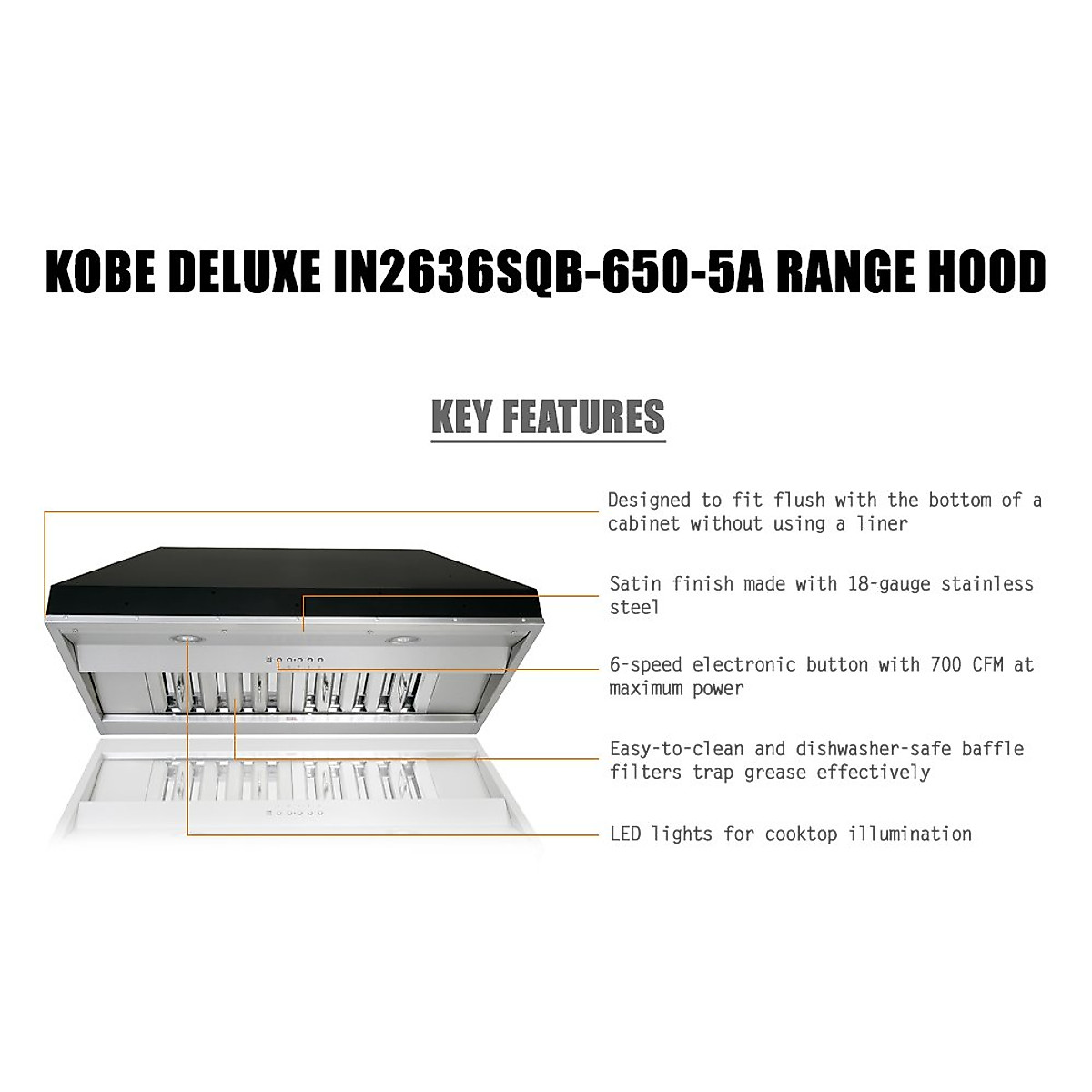 KOBE Range Hoods IN2636SQB-650-5A Insert Range Hood, 36-Inch, Stainless Steel