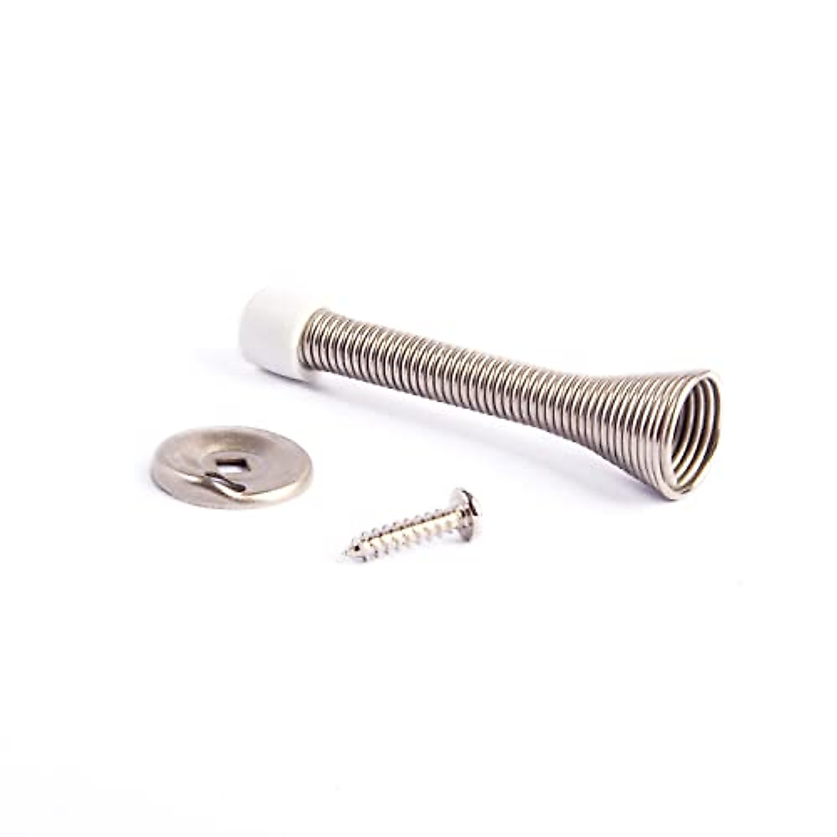 Spring Door Stopper with Rubber Bumper - Pack of 4 Door Knob Wall Protector 3 ¼” Flexible Heavy Duty Door Stop – Low Mounted White Wall Bumper for Home/Offices/Schools (Nickel)