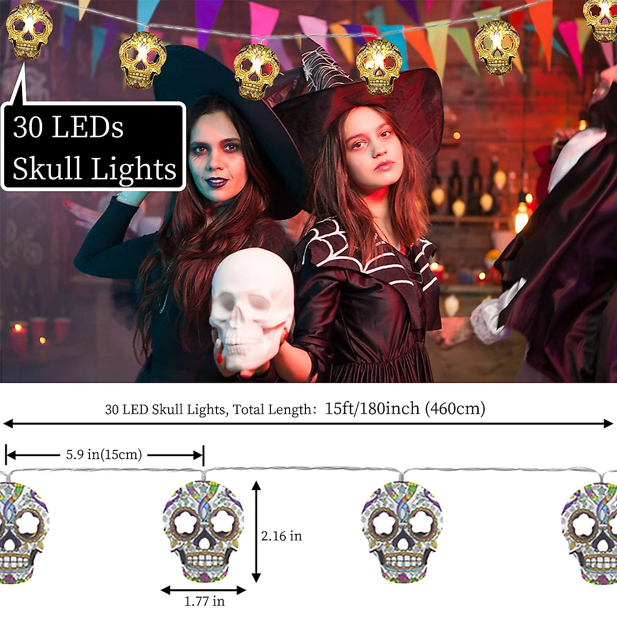 Halloween String Lights, 2 Packs Skull String Lights 30 LED Skull Lights 15ft Halloween Decoration Lights Battery/USB Powered Optional 2 Modes Halloween Lights Indoor Outdoor for Home Yard Patio