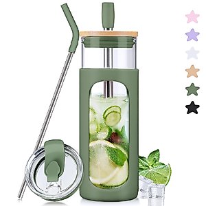 kytffu Glass Cups With Lids and Straws, 24oz Glass Tumbler, Iced Coffee Cup, Leak-proof Lid and Straw, Smoothie Cup with Bamboo Lid and On the Go Lid, Drinking Glass Cup for Home, Outdoor (Olive)