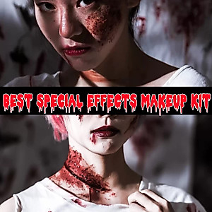 Bowitzki Cream Face Paint Halloween Makeup Kit Water Based Liquid Latex Fake Blood Brush Sponges Body Painting Special Effects SFX Zombie Vampire Monster Christmas Party red black white(Halloween Kit)