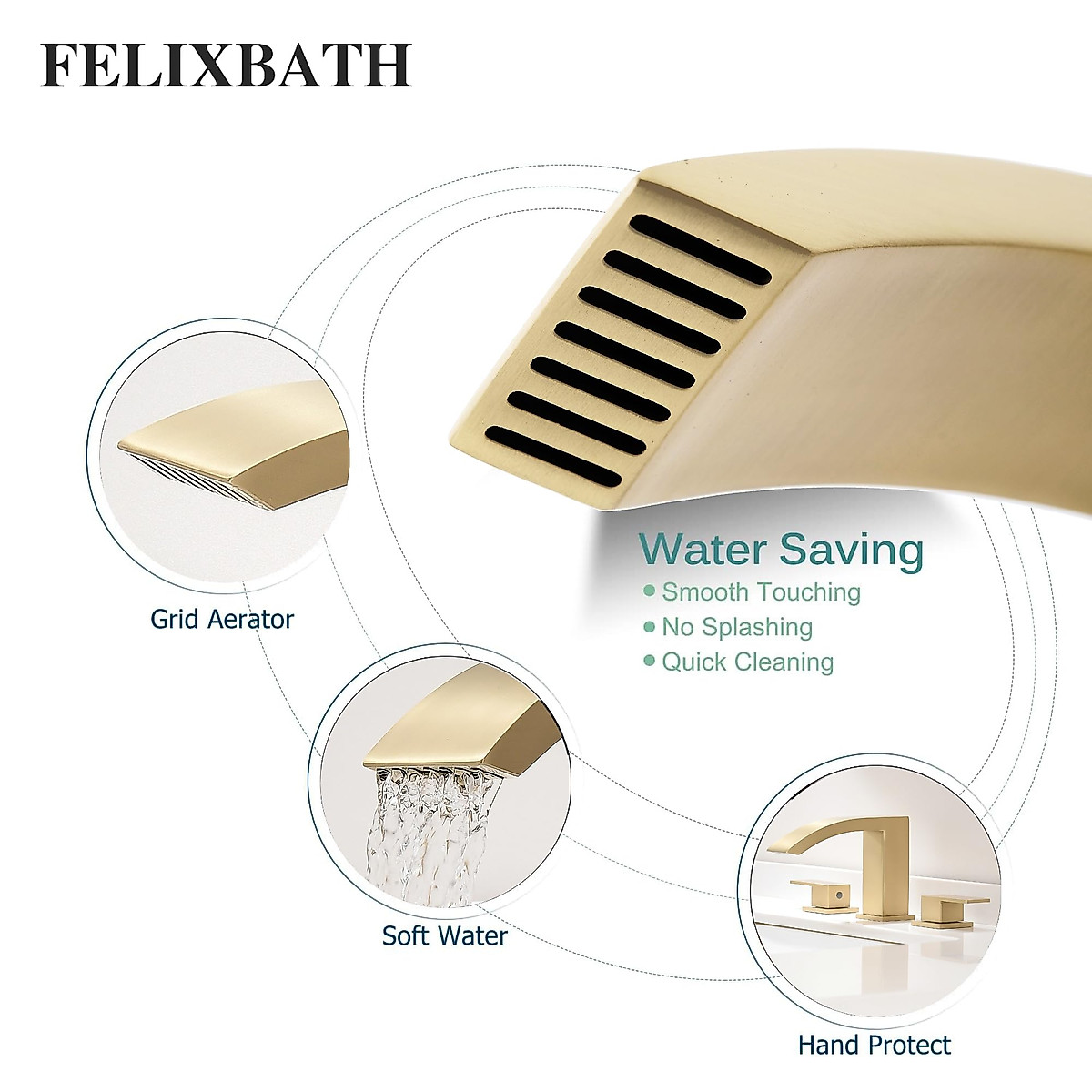 FELIXBATH Waterfall Bathroom Sink Faucet, 3 Holes Two Handles Bathroom Faucet with Pop Up Drain and 2 Water Supply Lines, 8 inch Widespread Bathroom Sink Faucet Brushed Gold