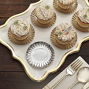 Balsa Circle 50 Metallic Silver 3.5 in Round Disposable Dessert Paper Plates Scalloped Trim Party Events Reception Home Decorations Supplies