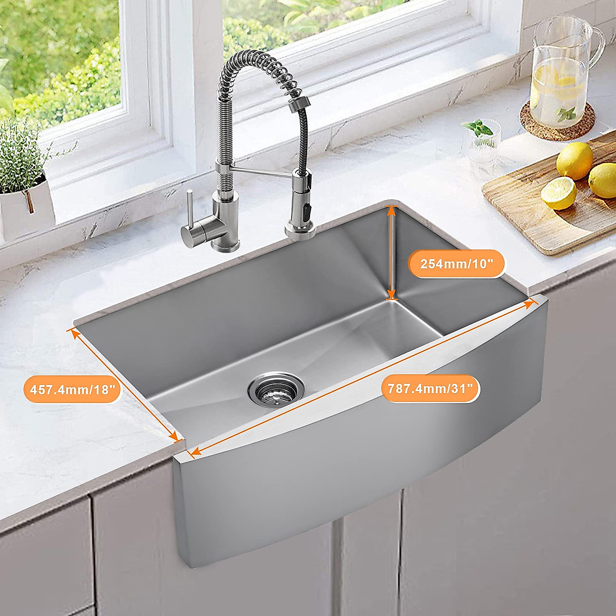 33 Inch Handmade Kitchen Sink Farmhouse Apron Front 18-gauge Stainless Steel Tight Radius, 33" x 22" x 10"