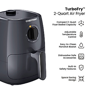 Chefman TurboFry 2-Quart Air Fryer, Dishwasher Safe Basket & Tray, Use Little to No Oil For Healthy Food, 60 Minute Timer, Fry Healthier Meals Fast, Heat And Power Indicator Light, Temp Control, Grey