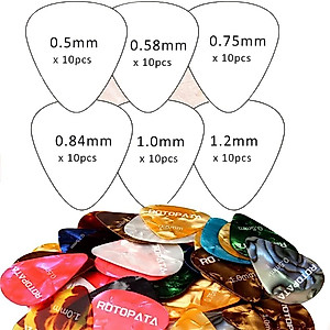60 Pack Guitar Picks with Organizer Storage Box, 0.5 0.58 0.75 0.84 1.0 1.2mm Includes Thin Medium Heavy Thickness, Variety Colorful Celluloid Plectrums for Bass Electric Acoustic Guitars Ukulele