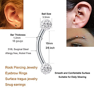 MODRSA Rook Piercing Jewelry Rook Earrings for Women Eyebrow Rings Surgical Steel Nose Bridge Curved Barbell 16 gauge Surface Tragus Piercing Jewelry Snug Earring