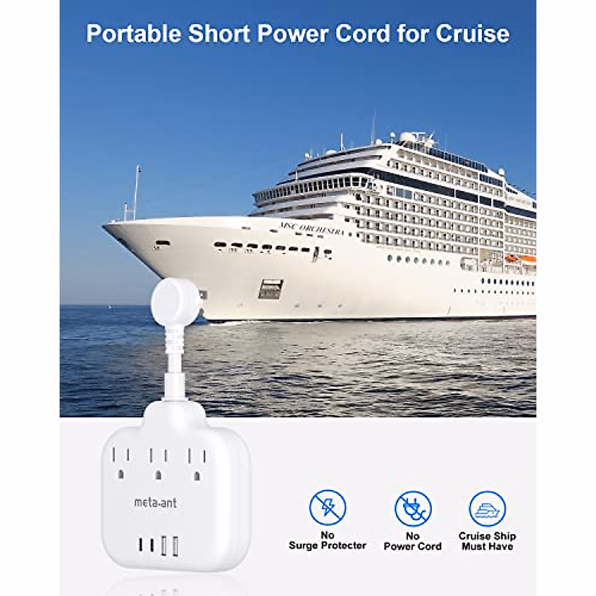Multi Plug Outlet Splitter, 0.2ft Ultra-Short Cord Power Strip, 3 Outlets, 4 USB Ports, Multiple Outlet Extender, Non-Blocking, Non-Surge Protection for Cruise, Travel, Office, Dorm, Kitchen, White