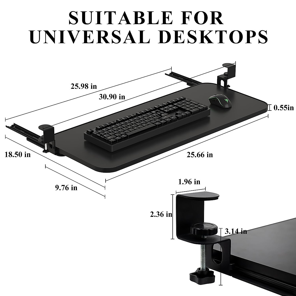 LYJANUN Keyboard Tray Under Desk Keyboard Tray Slide Out, 25.7" X 9.8" Keyboard Drawer with C Clamp Mount System, Easy for Installation and Typing, for Home Study Office Work