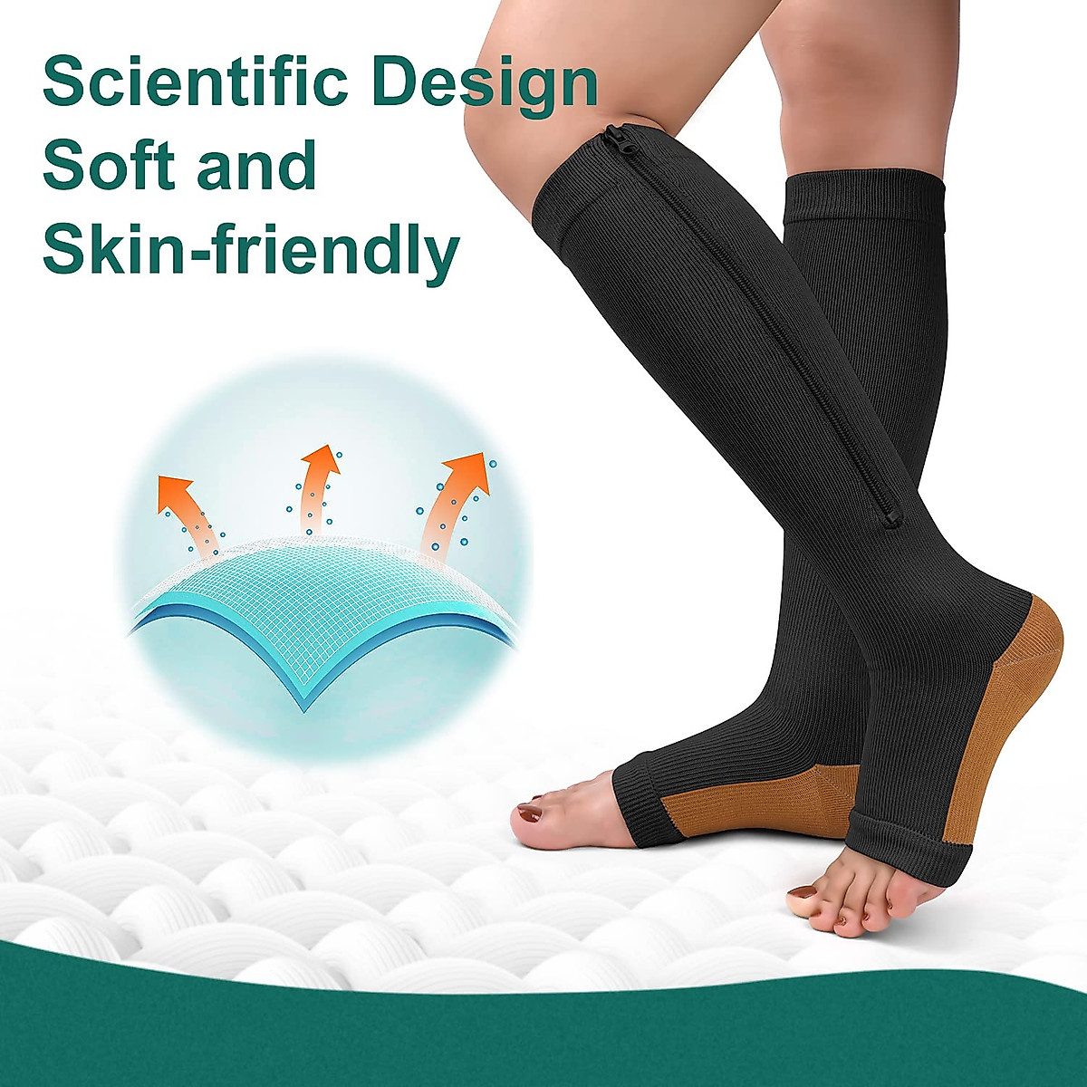 2 Pairs Copper Zipper Compression Socks 15-20mmgh-Calf Knee High Open Toe Support Stocking Compression Stocking
