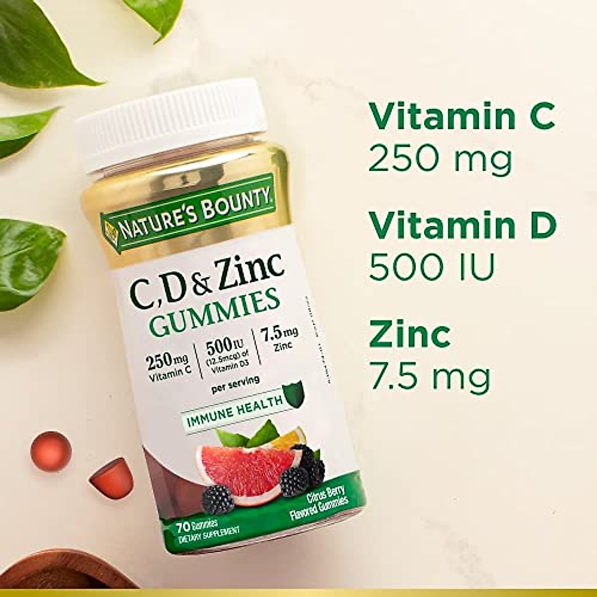 Nature's Bounty C, D, & Zinc Gummies, Immune Support Gummies for Adults, Citrus Berry, 70 Ct