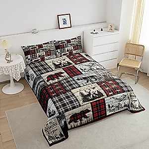 Rustic Cabin Comforter Set Twin Woodland Wolf Deer Bear Comforter For Kids Adults,Red Black Buffalo Plaid Bedding Set Wildlife Camping Lodge Mountain Quilt Bedding Southwestern Farmhouse Decor