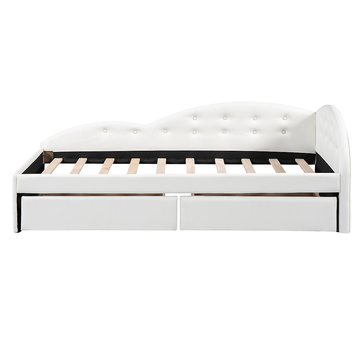 Hlcodca Twin Size Upholstered Daybed with Two Drawers and Cloud Shaped Guardrail, Pu Upholstered Tufted Platform Bed Frame with Wooden Slat Support for Bedroom Living Room (White-007)