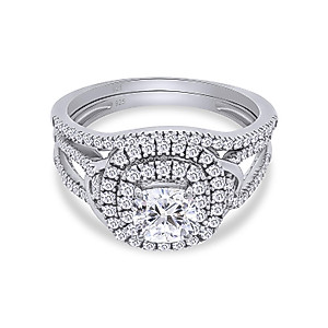 SAVEARTH DIAMONDS 1 CT Center 5MM Cushion & Round Cut Lab Created Moissanite Diamond Double Halo Split Shank Bridal Set Ring In 14K White Gold Over Sterling Silver(VVS1 Clarity)-10