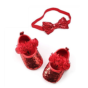 OAISNIT Baby Girl Mary Jane Flats Sparkly Soft Infant Princess Dress Crib Shoes with Headband