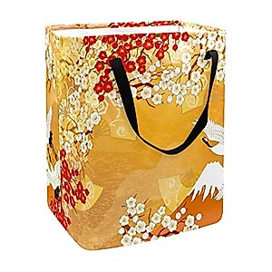 Flying Cranes and Floral Print Collapsible Laundry Hamper, 60L Waterproof Laundry Baskets Washing Bin Clothes Toys Storage for Dorm Bathroom Bedroom