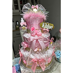 Baby Girl Diaper Cake in Pink and Gold Three Tier with Princess Headband