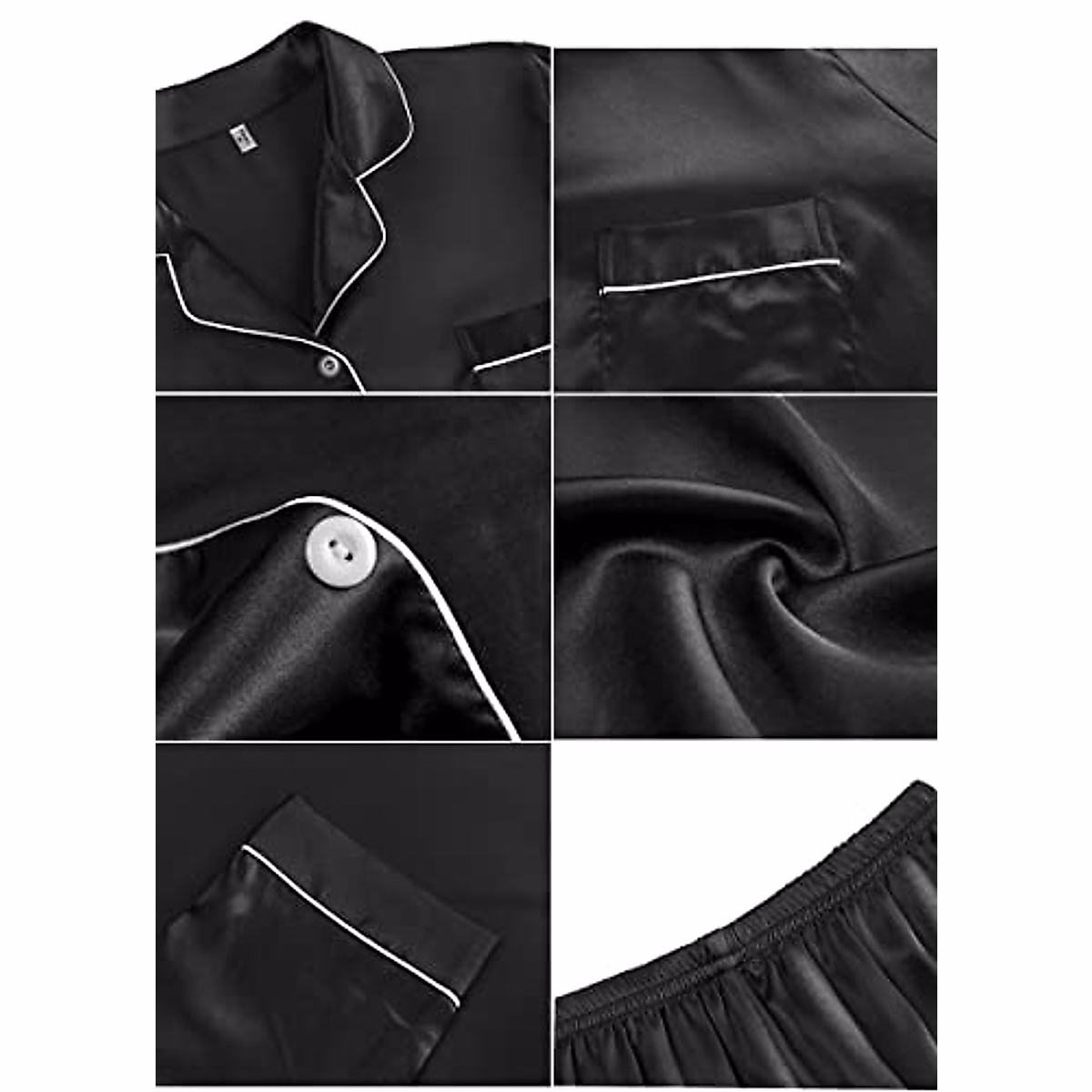 Fivali Womens Silk Satin Pajamas Long Sleeve Pj Set Two-piece Sleepwear Silky Button-down Nightwear Soft Loungewear Sets, XXL Black