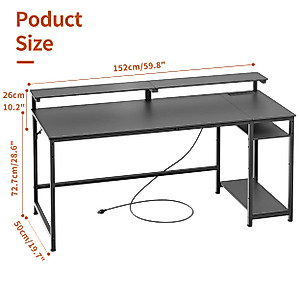 JOISCOPE Home Office Desk with Power Outlets (3AC, USB, Type-C), 60 × 20 Inch Computer Desk with Reversible Shelves, Laptop Table with Display Riser, Gaming Study Drafting Table for Bedroom, Black