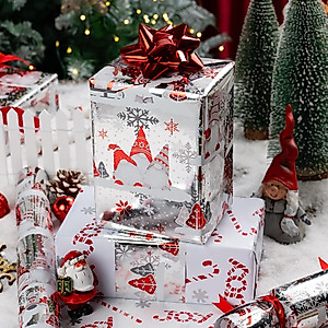 Flyhill Christmas Reversible Wrapping Paper Roll-17in X 33ft(46.8 sqft)-Metallic Foil Shine Red and Gray Gnomes & Christmas Trees Patterns with Joy letterings,Snowflake,Candy Canes for Birthday,Party