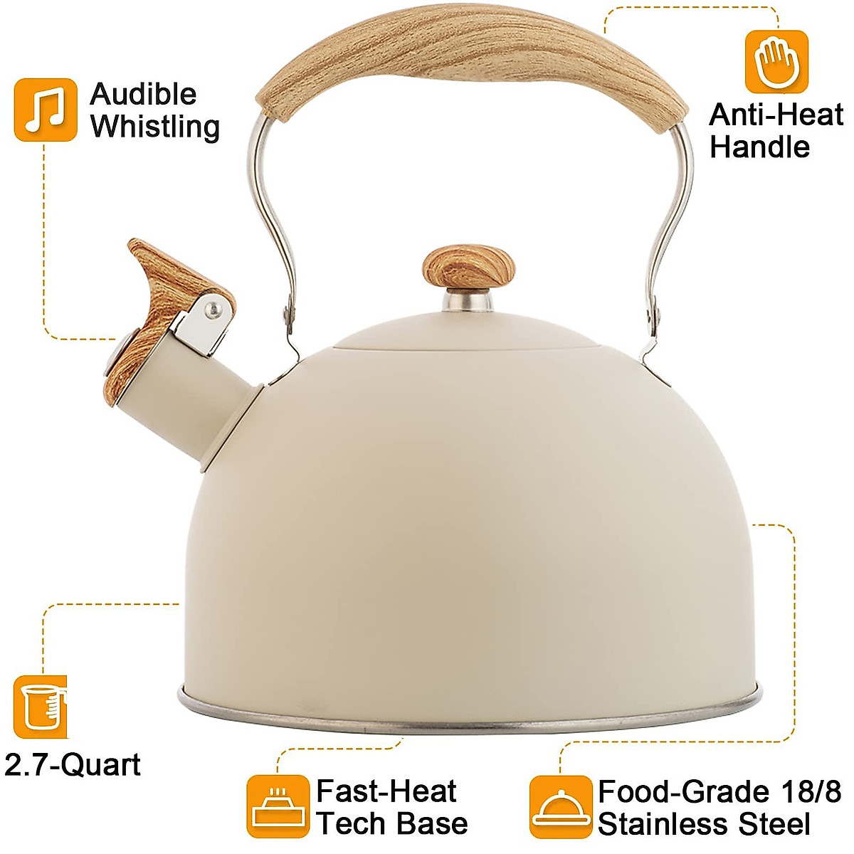 Vilihkc Tea Kettle 2.6 Liter Whistling Tea Kettle, Tea Pots for Stove Top Food Grade Stainless Steel with Wood Pattern Folding Handle, Loud Whistle Kettle for Tea, Coffee, Milk