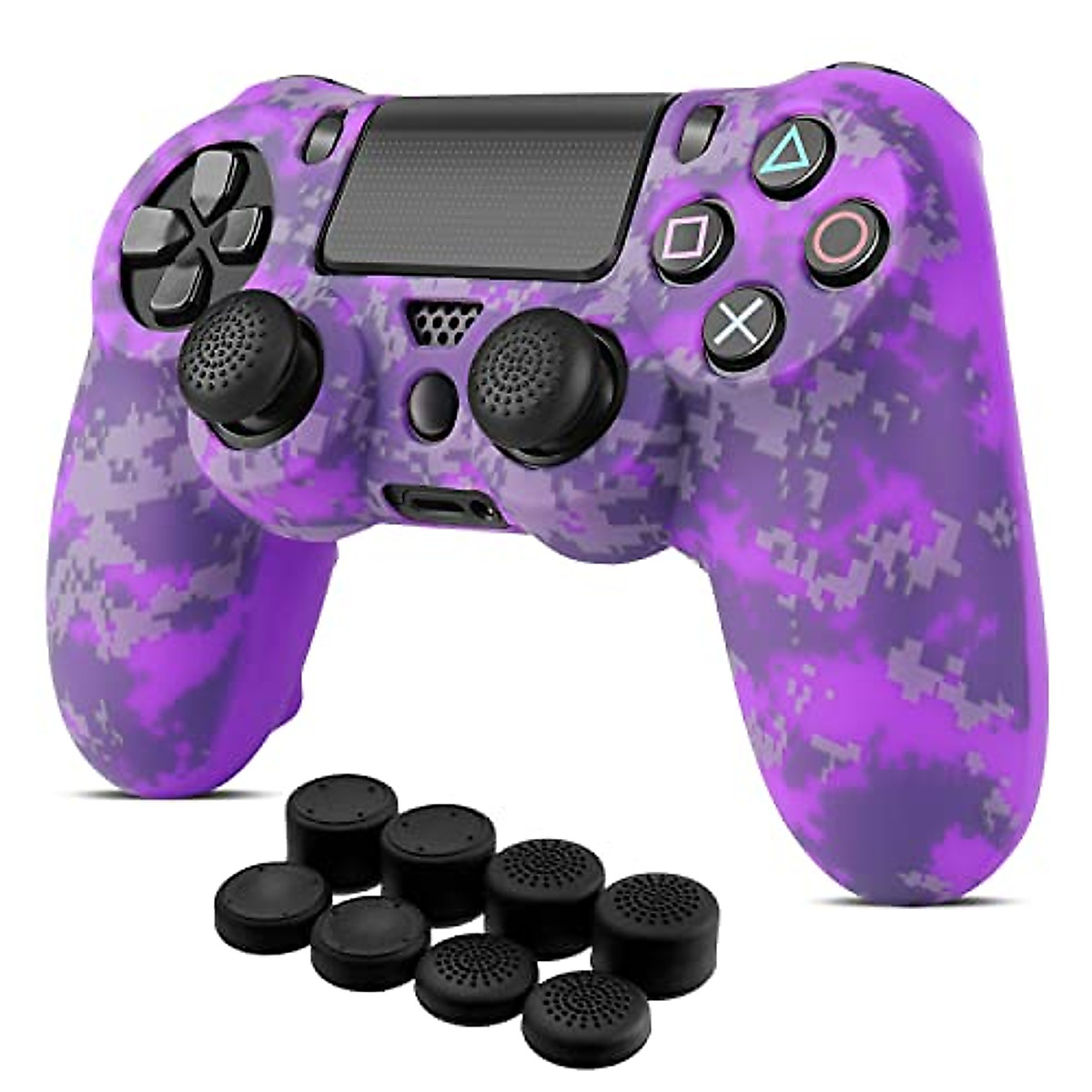 TNP For PS4 /Slim/Pro Controller Skin Grip Cover Case Set - Protective Soft Silicone Gel Rubber Shell & Anti-slip Thumb Stick Caps for Sony PlayStation 4 Controller Gaming Gamepad (Camo Mosaic Purple)