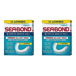 Sea Bond Secure Denture Adhesive Seals, Original Lowers, Zinc-Free, All-Day-Hold, Mess-Free, 30 Count (Pack of 2)
