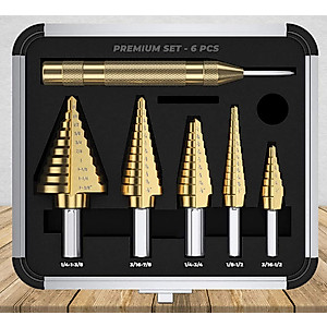 Step Drill Bit Set & Automatic Center Punch 5pcs HSS Cobalt Titanium Step Drill Bit Set, Multiple Hole 50 Sizes High Speed Step Drill Bit Set with Aluminum Case
