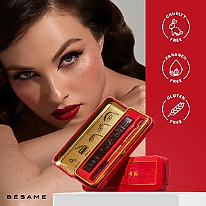 Besame Black Cake Mascara, Liquid Eyeliner & Brow Definer with Spoolie & Brush – Natural-Looking Lashes with Length & Definition, Water-Activated, No Harsh Chemicals, Vegan & Great for Sensitive Eyes