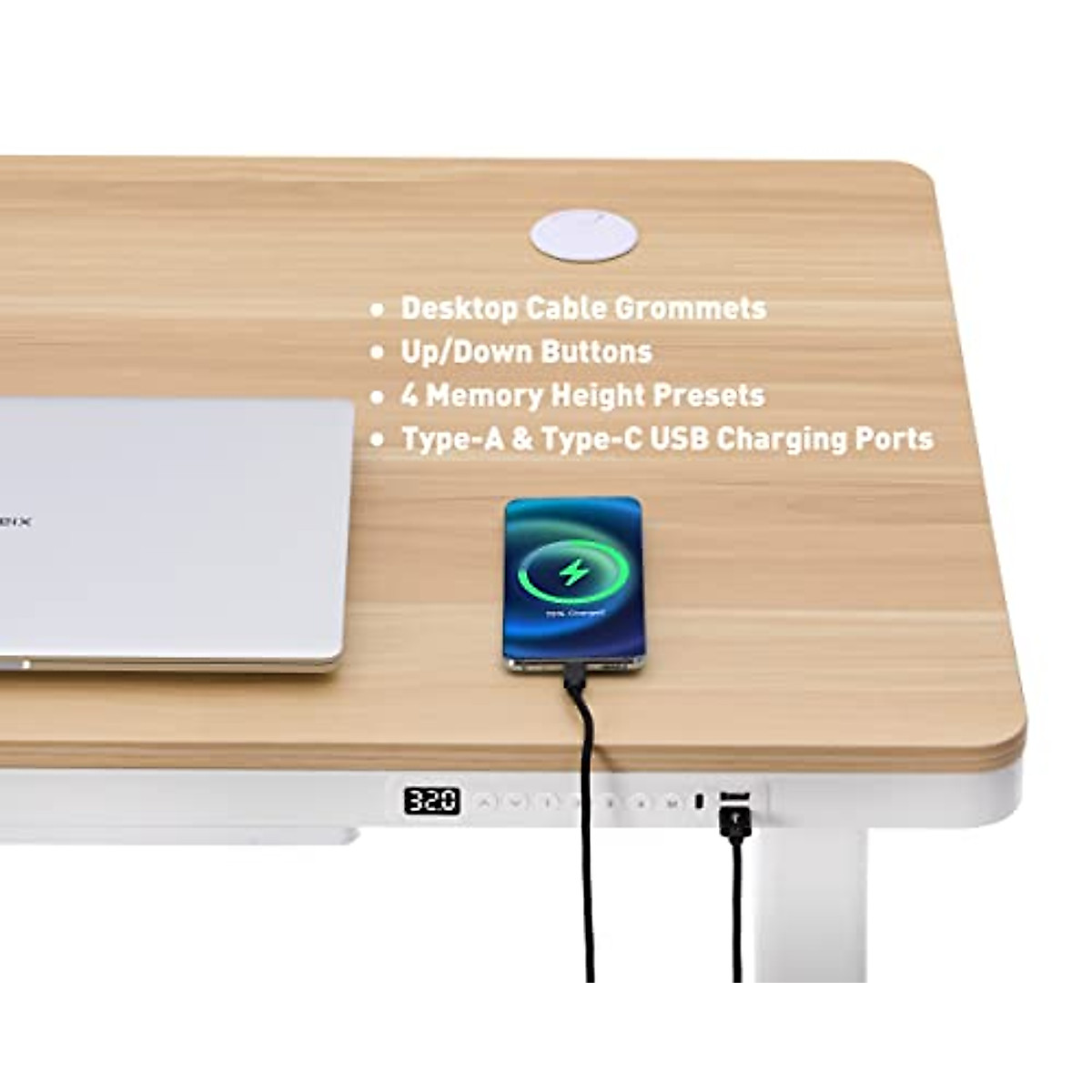 FARRAY Electric Standing Desk with Drawer, 45 x 24 Inch Adjustable Height Desk with Power Strip & USB Ports, One-Piece Top Stand Up Desk, Modern Sit Stand Desk (Oak Top + White Frame)