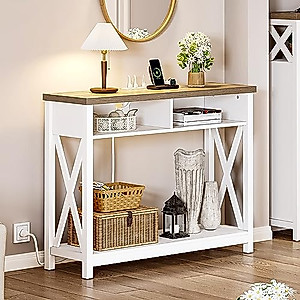 YITAHOME Farmhouse Console Table for Entryway with Charging Station, 40 inch Entryway Tables with Storage Shelf Narrow Sofa Table for Entryway, Living Room, Hallway, Grey Wash