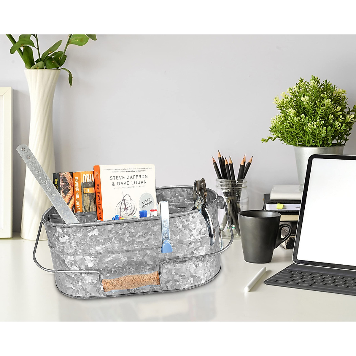 Light & Pro Multipurpose Galvanized Rustic Farmhouse Caddy - Metal 4 Compartment Storage Bin Caddy With Wooden Handle Perfect For Kitchen Utensils, Picnic, Garden Planter - Hammered - Antique Grey