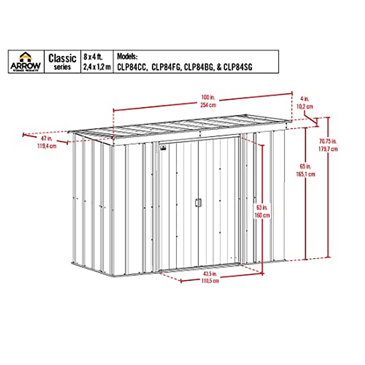 Arrow Classic Steel Storage Shed, 8x4, Charcoal
