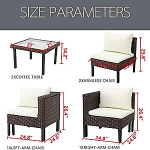 LOKATSE HOME 6 Pieces Patio Furniture Outdoor All Weather Wicker Conversation Sets with Brown Rattan Sofa Chair, Cushions and Coffee Glass Table, Beige