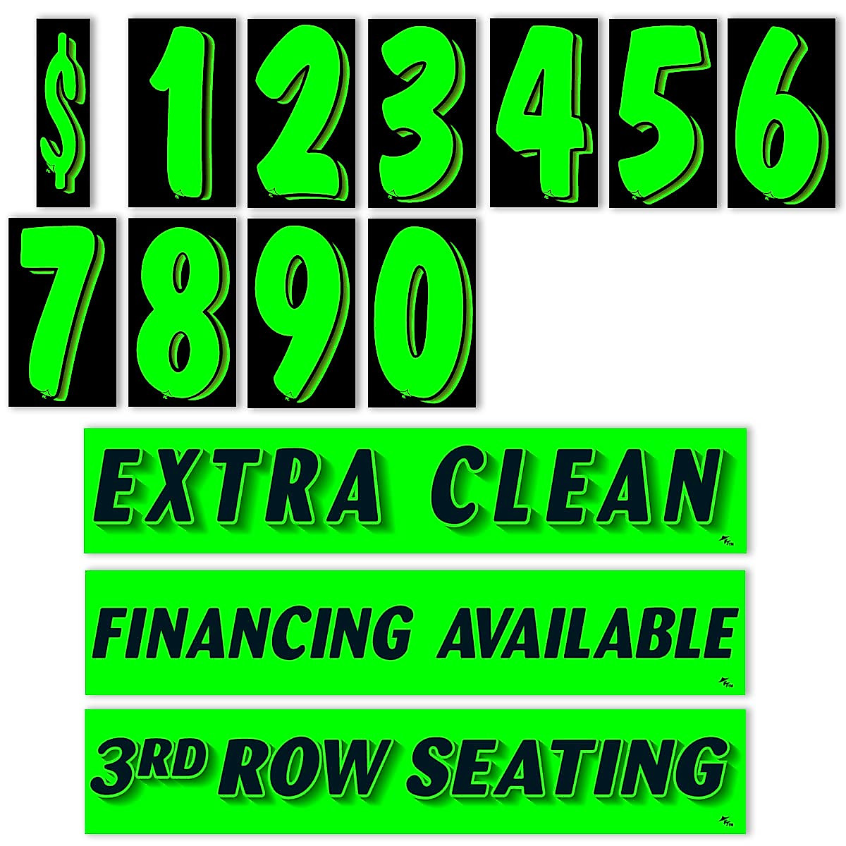 VERSA-TAGS 7.5" Black/Green Vinyl Number Decals 11 Dozen Set Windshield Pricing & 1 Pack of Each of Extra Clean, Financing Available, 3rd Row Seating 14.5" x 2.75" Sticker Windshield Auto Dealership