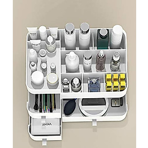 Bemgue Makeup Organizer for Vanity, Large Capacity Desk Organizer with Drawers for Cosmetics, Lipsticks, Jewelry, Nail Care, Skincare, Ideal for Bedroom and Bathroom Countertops - White