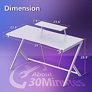 MOTPK White Gaming Desk 55inch with Monitor Shelf Computer Desk Gaming Table Desk for Girls with Cup Holder and Headphone Hook Gamer Workstation Game Table, Gift for Girls Women