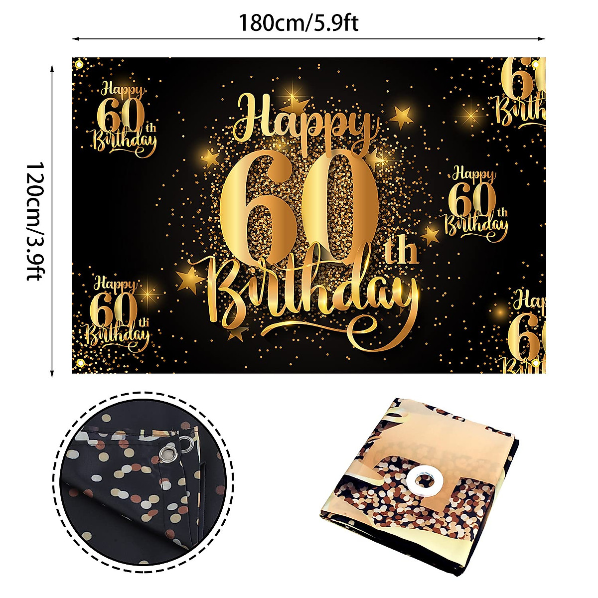 NC Happy 60th Birthday Backdrop Banner Step and Repeat 60 Years Old Background Decorations for Women Men Her Him Photography Party Supplies Glitter Black Gold