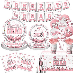Graduation Party Supplies, 2024 Graduation Party Dinnerware Set, Congrats Grad Plates Napkins Cups Tablecloth Banner Balloons for Class of 2024 Graduation Decorations Supplies (Rose Pink)